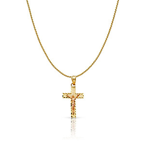 14K Two Tone Gold Jesus Crucifix Cross Charm Pendant with 0.9mm Wheat Chain Necklace - 24"