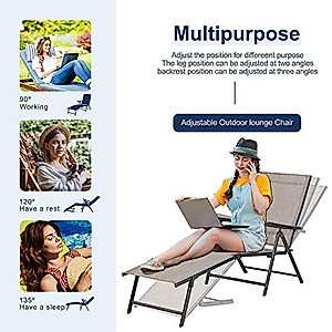 Vongrasig Patio Double Chaise Lounge Chairs Set of 2, Outdoor Adjustable Steel Textiline Folding Reclining Lounge Chair Outdoor Lay Out Chairs for Lawn Garden Pool Beach Yard, Brown