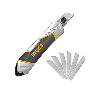 INGCO Retractable Utility Knife, Aluminum Box Cutter Heavy Duty with 6pcs Self Loading Quick Change Snap-off SK5 Blades for Cutting Box Paper Bag Carpet Carton Cloth HKNS1808
