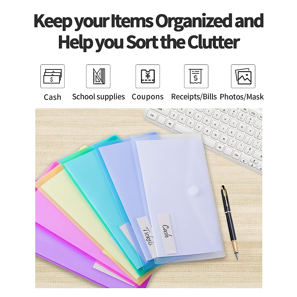 Sooez Small Plastic Envelopes, 12 Pack Plastic Pouch with Label Pocket, Plastic Pencil Pouch, Reusable Envelopes,Pencil Case Bulk, Plastic Money Envelopes, 9.4 x 4.7 Inches