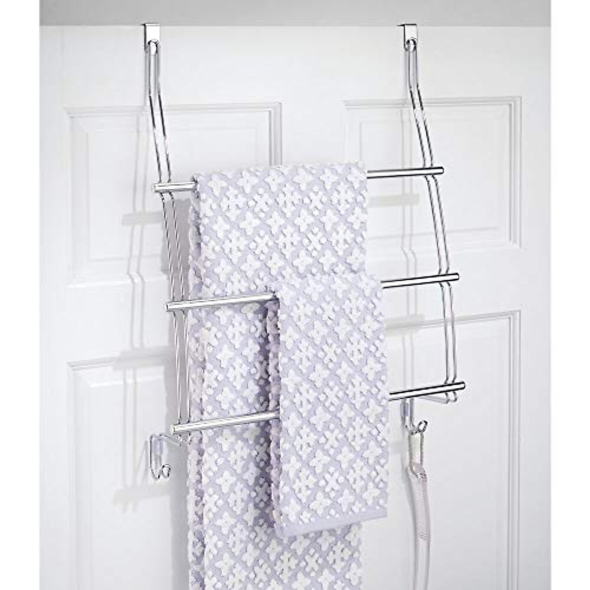 mDesign Adjustable Metal Over Door Towel Rack Holder for Shower and Bath, 3 Tier Rod Hanger with 2 Hooks for Bathroom - Hang Towel, Blanket, Washcloths, Loofahs, Sponges on Back of Door - Chrome