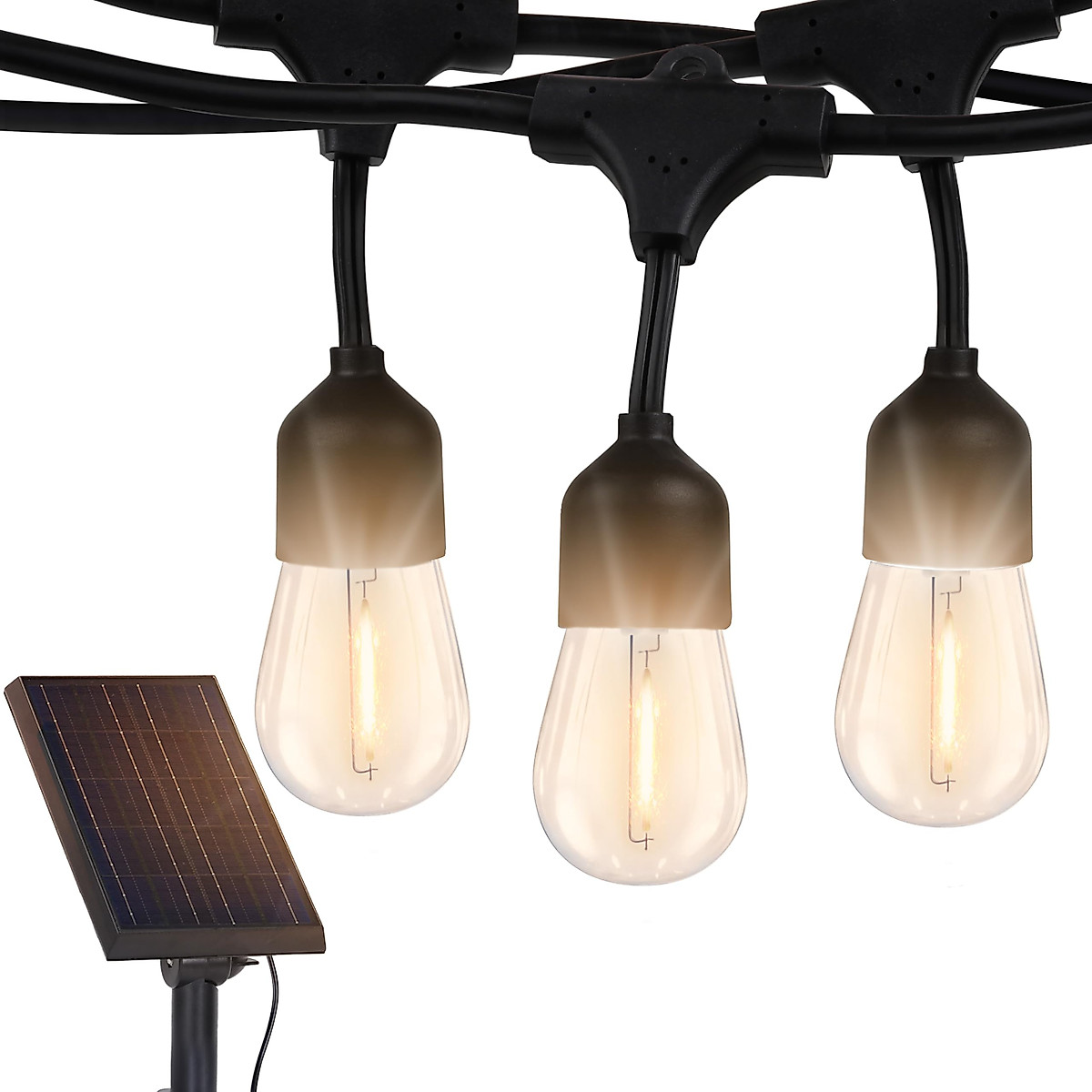 Brightech Ambience Pro Solar Powered Outdoor String Lights, 48 ft Commercial Grade Waterproof Patio Lights, 15 Edison Bulbs, Shatterproof LED String Lights for Outside, Porch - 1W Warm White