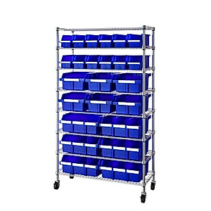 Heavy Duty Commercial Steel Wire Bin Storage Rack, Mobile, 24 Bins (Blue, 1 Pack)