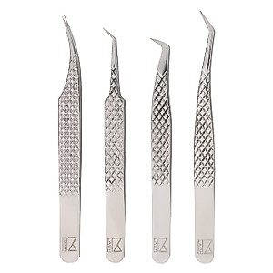 M LASH Eyelash Extension Tweezers (Set of 4) - Professional & Precision Lash Tweezers for Eyelash Extensions - Japanese Steel, Diamond Grip, Fiber Tip I-Series (Silver)