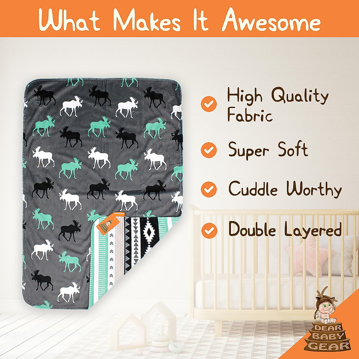 Dear Baby Gear - Premium Car Seat Baby Blanket - Soft Swaddle Blanket for Baby Girls and Boys, Plush Blankets - Adorable Designs, Comfortable Fabric - White Gray and Mint, Moose(40 x 30 inches)