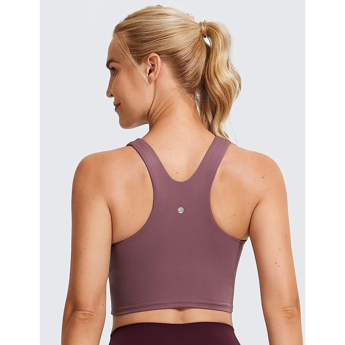 CRZ YOGA Women's High Neck Longline Sports Bra - Padded Racerback Yoga Bra Crop Tank Top with Built in Shelf Bra Antique Bark Medium