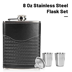LHD HOME Hip Flasks for Men Leather Hip Flask Gift Set,Hip Flask 304 Stainless Steel Flask Set w/Funnel Shot Glasses Gift for Whiskey Rum Groomsman Best Man Usher Wedding-Leather Stripe Black-8oz