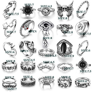 26 PCS Vintage Silver Goth Ring Set for Women Punk Boho Stackable Finger Knuckle Ring Pack Gothic Chunky Aesthetic Grunge adjustable Animal Devil Skull Angel Crying Eye Emo Retro Sparkle Crystal Rings