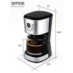 SIMOE Programmable Coffee Maker, 12-Cup Coffee Machine with Timer and Glass Carafe, Keep Warm, Brew Strength Control, Anti-Drip System, Black with Stainless Steel