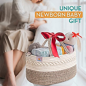 BIBSYBABY Diaper Caddy Baby Basket - 100% Cotton Rope Diaper Basket with 2 Pockets, Handle Locker and Removable Shoulder Strap - Baby Shower Bag & Baby Registry Must Haves, Brown