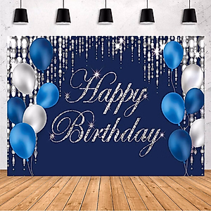 Happy Birthday Backdrop Navy Blue and Silver Happy Birthday Sign Blue Happy Birthday Banner Photo Studio Backdrop Birthday Party Supplies Photography Background for Favor Children Men Women 7x5ft