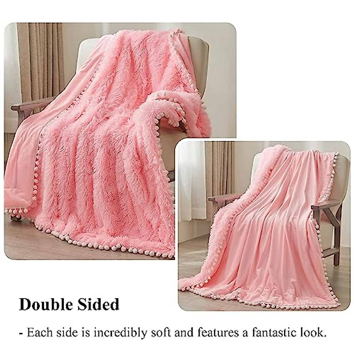 XeGe Pom-pom Fluffy Faux Fur Throw, Luxury Soft Pink Fuzzy Blanket 50x60, Cute Furry Decorative Couch Blanket for Kids to Adults