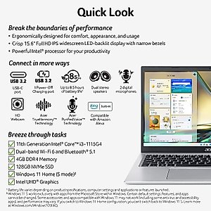 Acer Aspire 5 Laptop, 15.6" Full HD Display, 11th Gen Intel Core i3-1115G4 Processor, 4GB DDR4, 128GB NVMe SSD, WiFi 6, Windows 11 Home (S Mode)