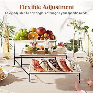 Lifewit 3 Tier Plastic Serving Tray for Party Supplies, 12" x 6.5" Platters for Serving Food, White Reusable Trays with Black Metal Display Stand for Veggie, Fruit, Cookies, Dessert