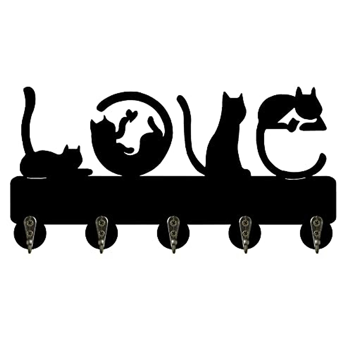 KingLive Cat Key Hooks for Wall, Handmade Key Hooks for Wall, Black Wooden Cat Key Holder with 5 Metal Key Rack Organizer for Wall Decorative, Gifts for Cat Lovers