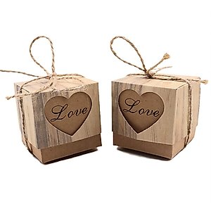 VGoodall 100PCS Wedding Favor Candy Boxes, 2x2x2 Inches Mini Cube Brown Candy Gift Boxes with Heart Burlap Jute Twine for Guests Bridal Baby Shower Birthday Party Decorations