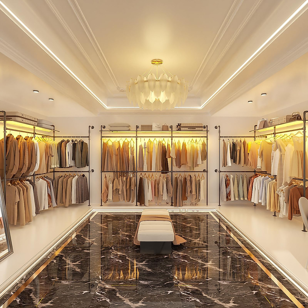 Aheaplus Industrial Pipe Clothing Rack, Reversible 118.3'' Clothes Rack for Hanging Clothes, Heavy Duty Garment Rack Closet Wardrobe Rack with LED Lights& Shelves, Walk-in Closet System, Black Oak