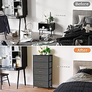 VredHom Fabric Dresser for Bedroom, Tall Skinny dresser with 5 Wide Drawers, Storage Organizer Tower, Steel Frame Wooden Top for Closet, Living Room, Hallway, Nursery(Grey)