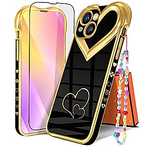 Flafens (3in1 Black Love Heart Case for iPhone 13 6.1" for Women Girls Cute Aesthetic Girly Luxury Pretty Plating Hearts Pattern Phone Cases Cover with Chain+Screen Protector for iPhone 13 6.1 Inches