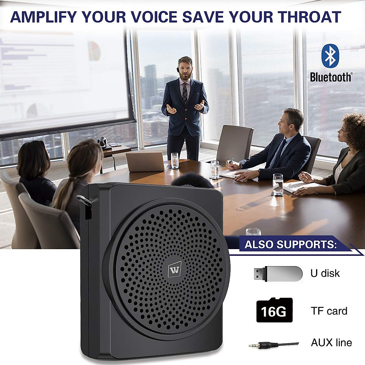 WinBridge Wireless Voice Amplifier Wireless Microphone Headset, 16W Bluetooth Speaker and Microphone Portable Pa for Teachers, Tour Guides, Coaches, Elderly Etc S619UHF