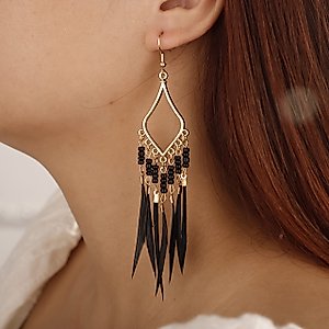 YERTTER Gold Long Dangle Bohemian Black Fake Feather Tassel Dangle Beads Earrings Halloween Tassel Earrings Light Feather Vintage Hook Ear Accessories Gift for Women Girls （Style 1）
