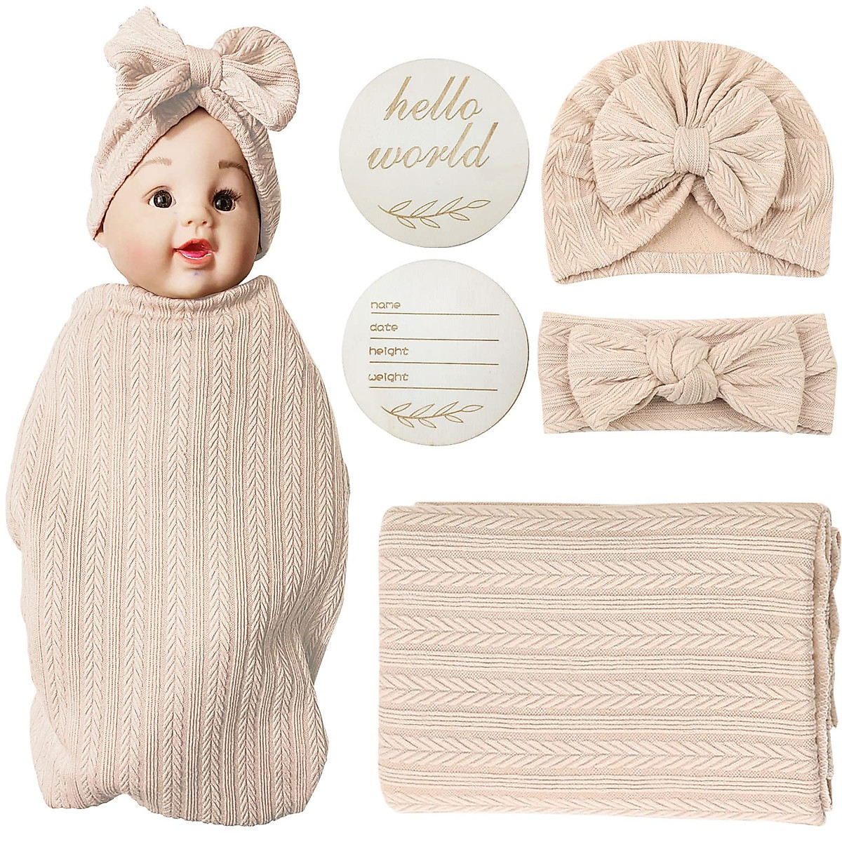 PEIPEIWU Baby Blankets, Security Blanket for Babies - Swaddle Adjustable Wearable Blanket, Newborn Accessories Set with Wooden Birth Announcement Card, Baby Blankets for Girls&Boys(Light Brown)