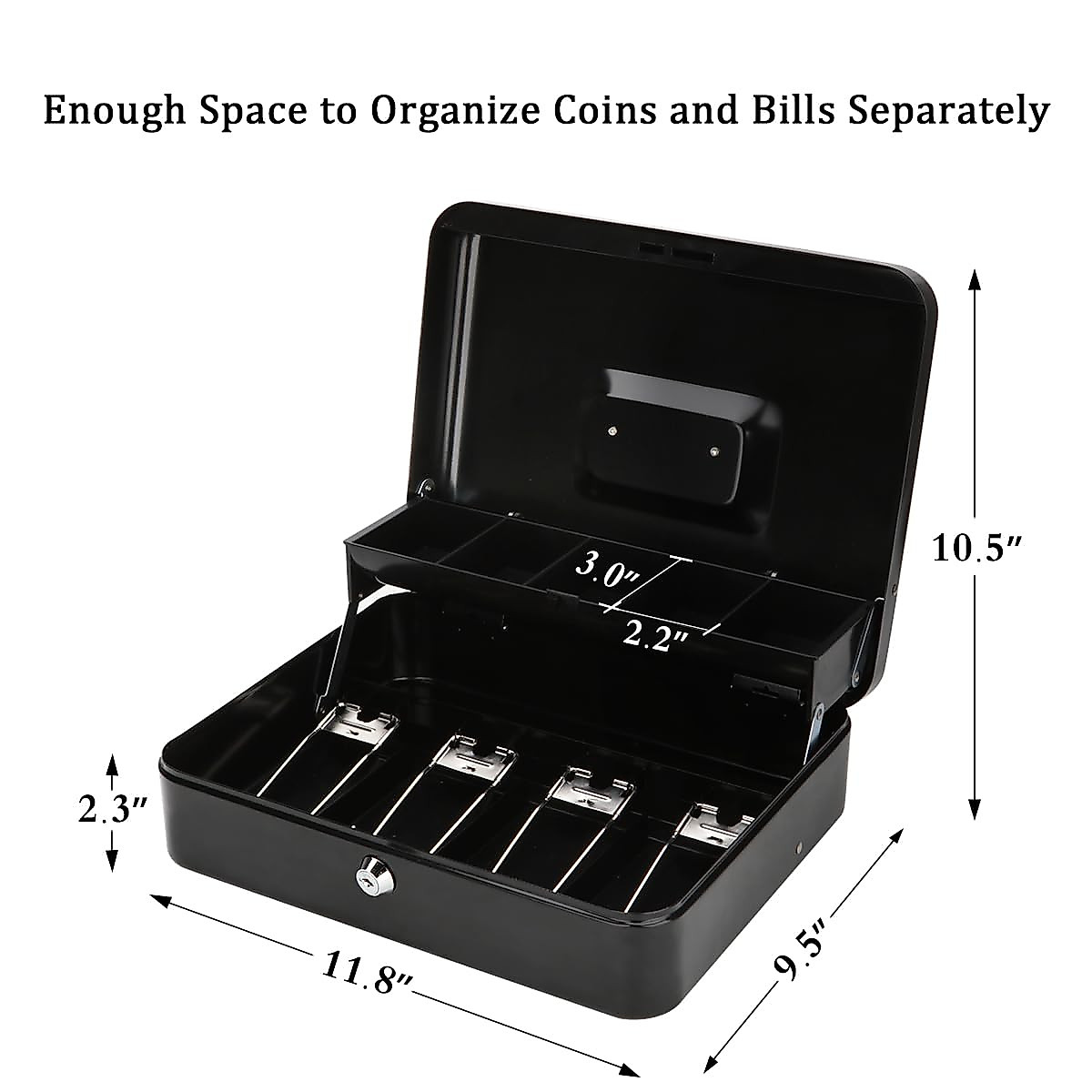 Jssmst Large Cash Box with Lock - 2017 New Metal Money Box 100% Safe, 11.8L x 9.5W x 3.5H Inches, Black, SM-CB0501L