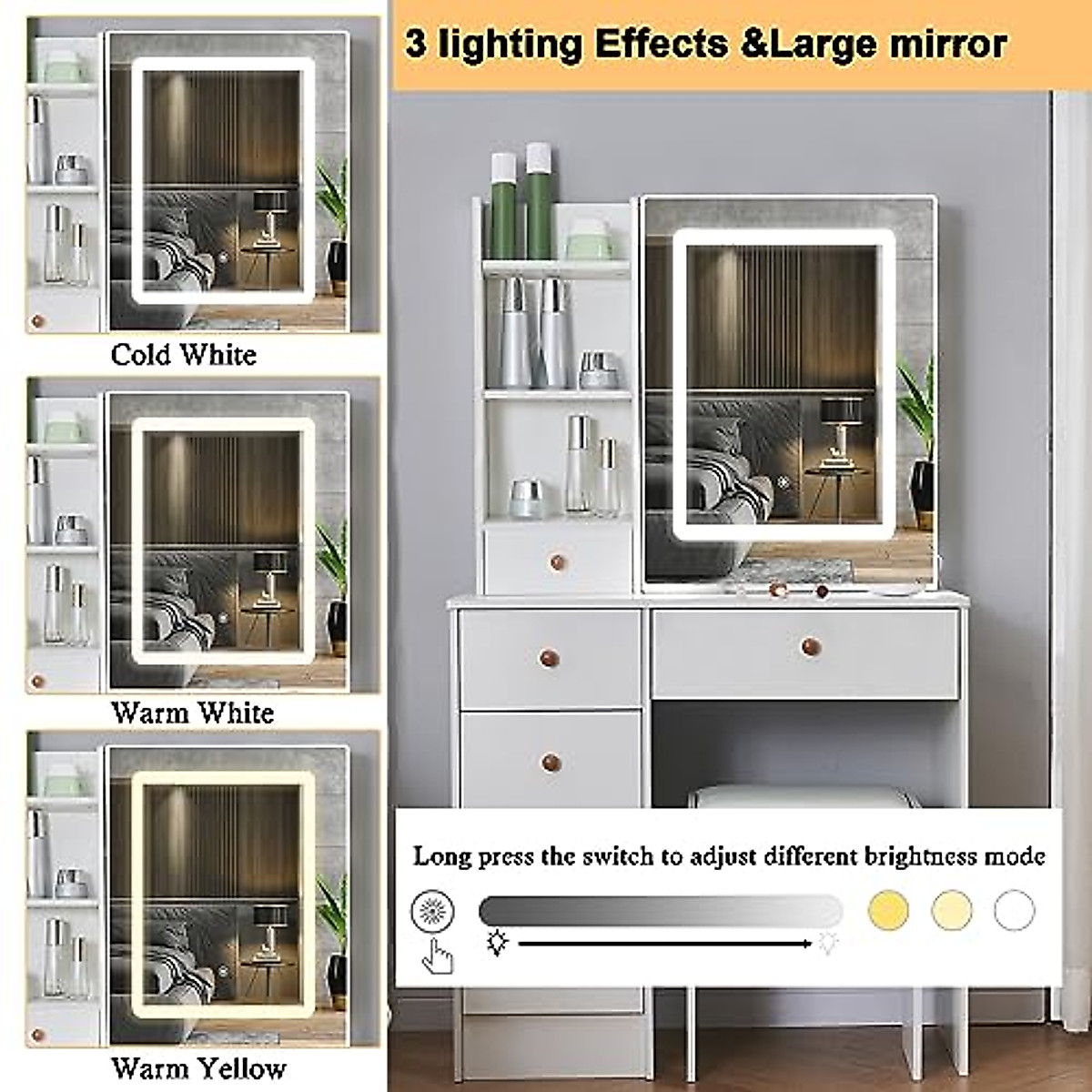 JBLCC Large Vanity Desk with Mirror and Lights, Vanity Table Makeup Vanity with Slidable Mirror 5 Drawers and Storage Shelves,Dressing Table Set 3 Lighting Color Adjustable (05LED)