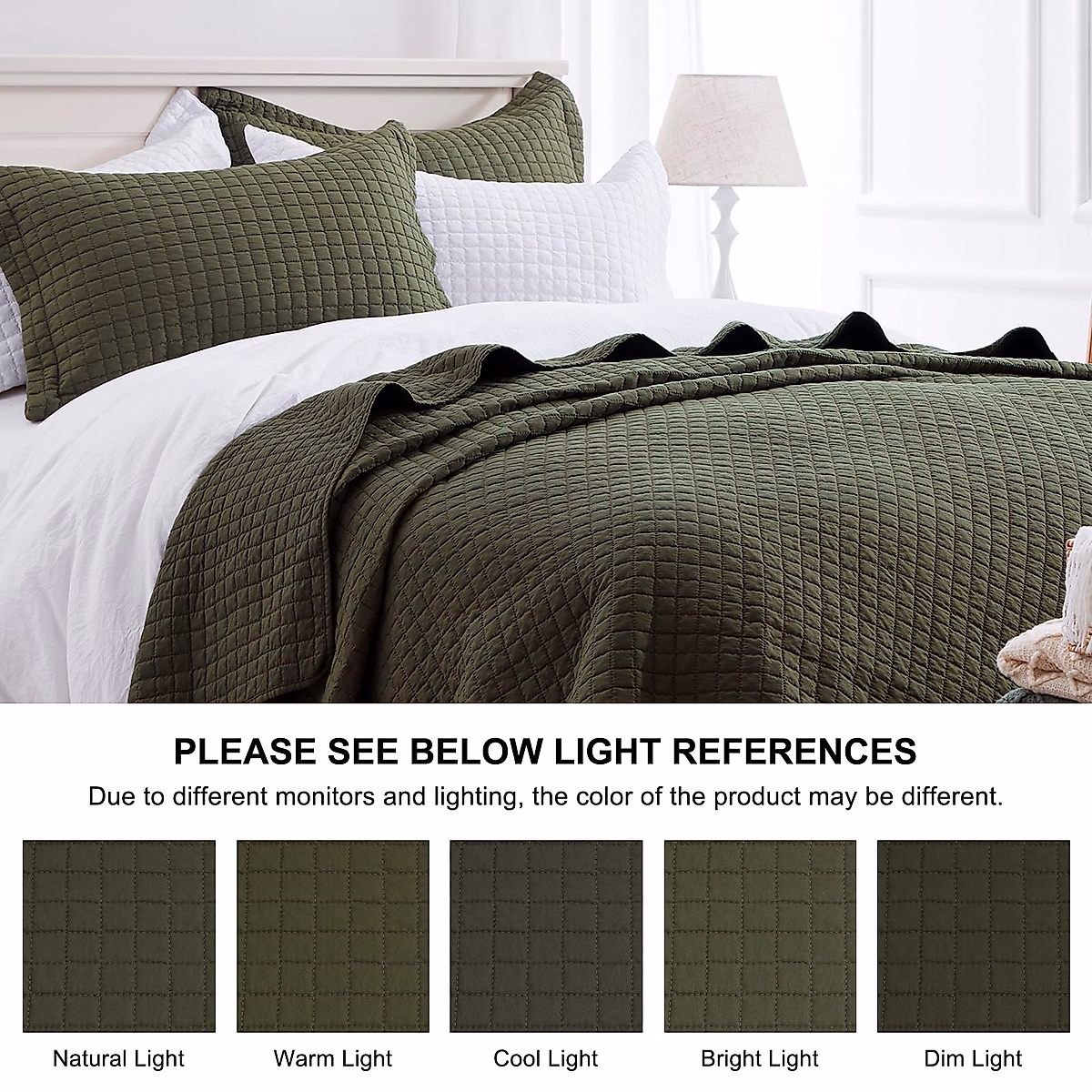 SunStyle Home Olive Green Quilt, Queen Size Quilt Set Lightweight Bedspread Full Soft Reversible Coverlet for All Season 3pcs Army Green Square Quilted Bedding Sets (1 Quilt 2 Pillow Shams)(90"x96")