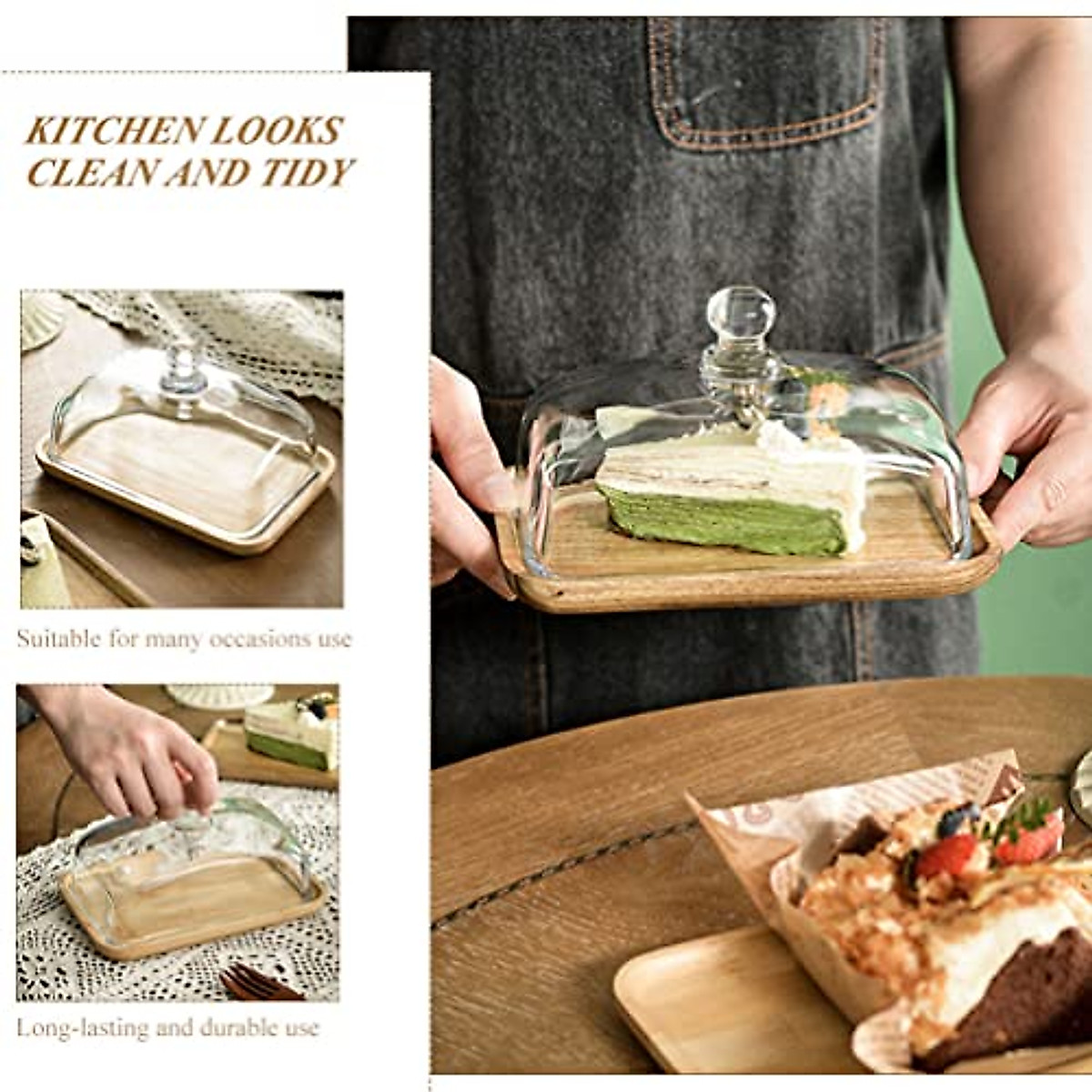 Bamboo Butter Dish with Glass Lid- 18X12X10CM Clear Butter Tray for Refrigerator& Counter for Butter, Block of Cream Cheese& Serving Dish ( Bamboo Tray )