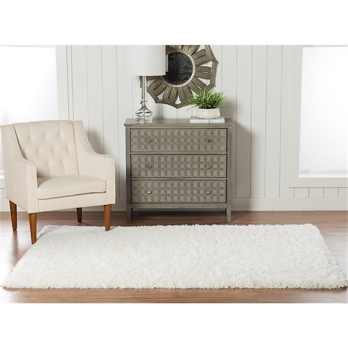 Linon Luxe Plush Shag Hand Tufted Polyester 5'x7' Rug in White