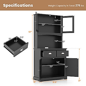 Giantex 67" Pantry Organizers, Freestanding Tall Buffet Cabinet with Hutch and 2 Drawers, Wooden Cupboard with Glass Doors, Storage Sideboard for Kitchen Bathroom Living Room (Black)