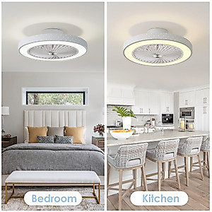 POWROL Ceiling Fans with Lights Low Profile Flush Mount with Remote Control 3 Wind Speeds Dimmable 3 Colors Iron 19Inch Invisible 8 Bladeless Enclosed White Fan Light for Bedroom Kitchen
