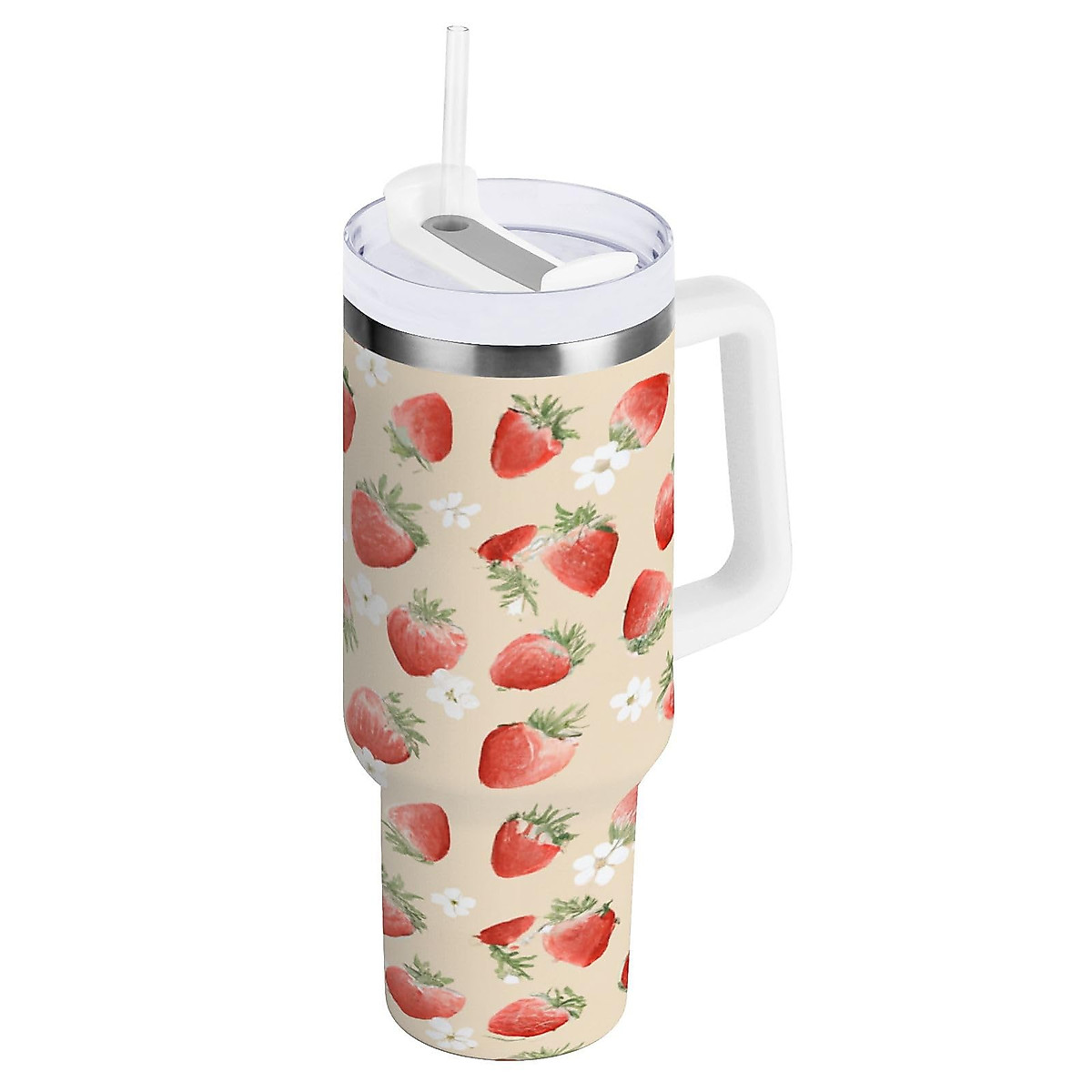Jihqo Watercolor Strawberry White Floral 40 oz Stainless Steel Vacuum Insulated Tumbler with Handle and Straw Lid, Leakproof Water Bottle Double Wall Travel Mug Coffee Cup, Cupholder Friendly