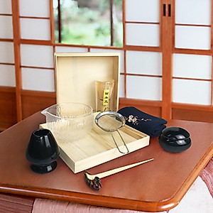 Artcome Japanese Matcha Tea Set, Glass Matcha Bowl with Pouring Spout, Bamboo Whisk, Ceramic Whisk Holder, Wooden Case, Handmade Matcha Ceremony Kit For Japanese Tea Ceremony (Black)