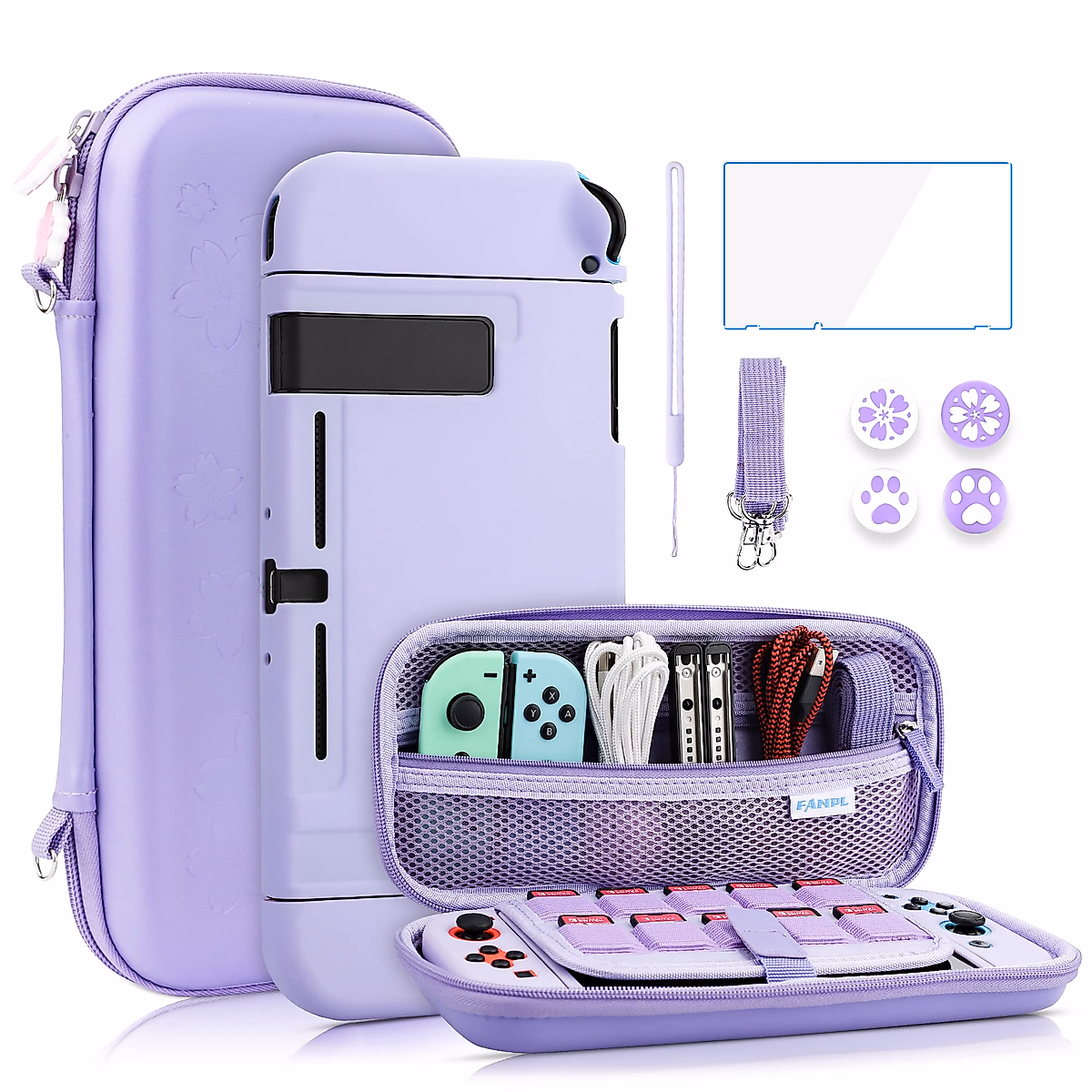 FANPL Case bundle for Nintendo Switch Accessories, Carrying Case for Switch and Joy Con Controller with Soft TPU Protective Cover and Screen protector, 4 Thumb Grips, Shoulder Strap - Purple