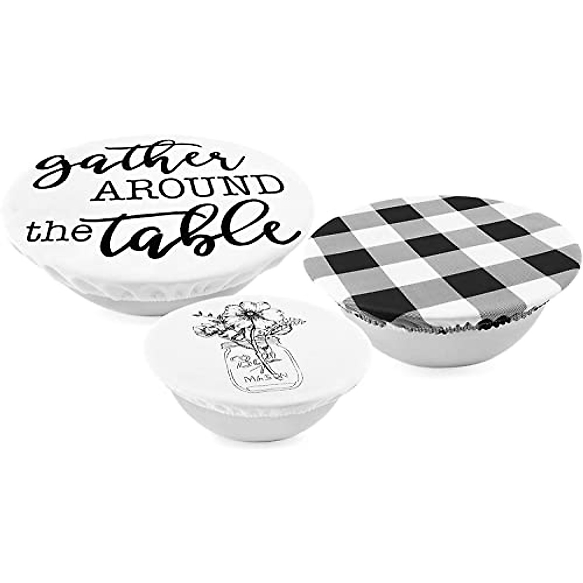 AuldHome Reusable Fabric Bowl Covers (Set of 3); Rustic Farmhouse Themed Black and White Stretchy Cloth Bowl Covers