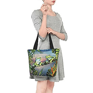 VACSAX Tote Bag for Women Reusable Shopping Bags Tropical Forest Frog Print Shoulder Handbag Aesthetic Totes for Grocery