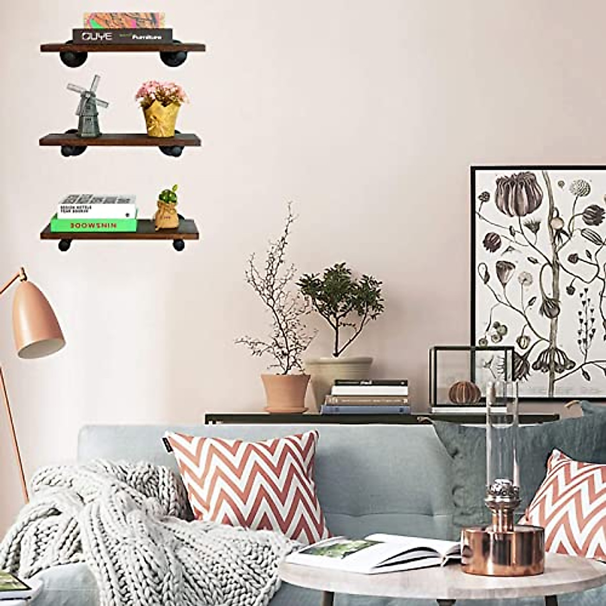 MANTE BLONG QTSARTISAN Floating Shelves with Industrial Pipe Brackets Rustic Set of 3, Wall Mounted Wood Shelving Storage Home Decor for Living Room Bedroom Bathroom Kitchen Office 17" x 7.1", Brown
