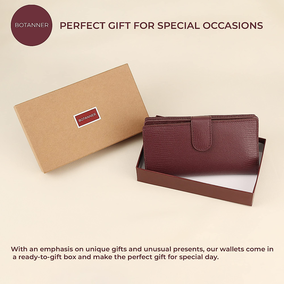 BOTANNER Genuine Leather Womens Clutch Wallet with Tab RFID Blocking 14 Credit Card Slots 2 ID Windows 4 Bill Sections Zipped Section for Coins | Oxblood (Gift for Her)