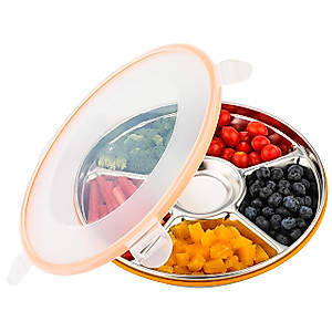 YENXIKU Divided Serving Tray with Lid, Stainless Steel Veggie Tray with Plastic Lid, Reusable Vegetable Platter, Snack Tray, Snackle Box for Party, Easy to Clean (6 Compartments, 60oz)
