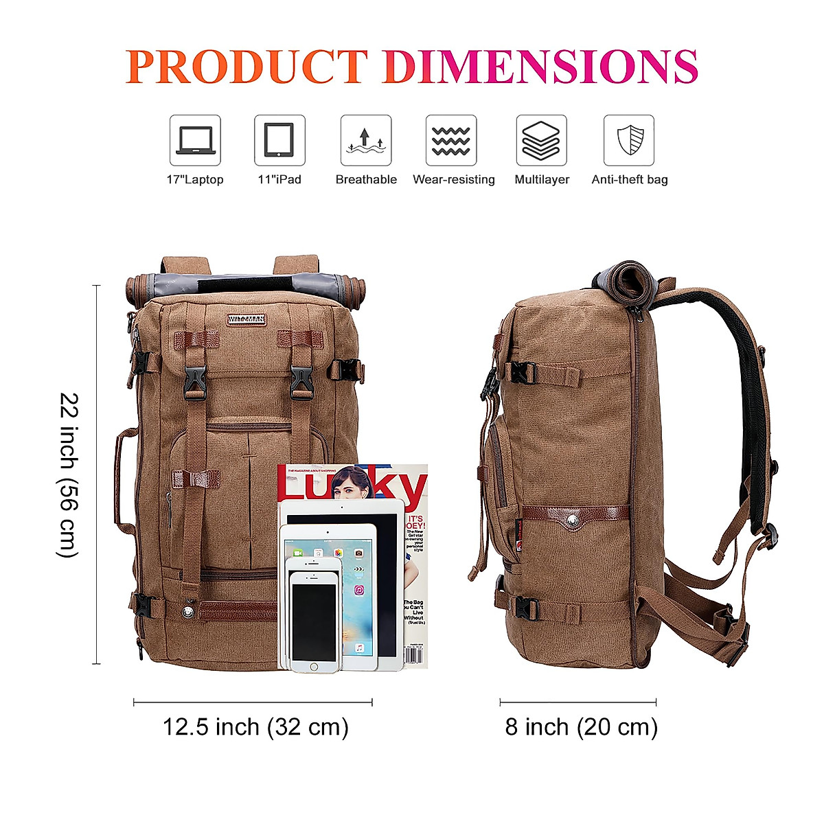 WITZMAN Canvas Backpack Vintage Travel Backpack Large Laptop Bags Convertible Shoulder Rucksack (A519-1 Brown)