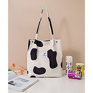 Wisexplorer Women Corduroy Tote Handbag with Inner Pockets, Fashion Washable and Ecofriendly, Perfect Grocery Bag for Shopping Travel School and So on(Cow white)