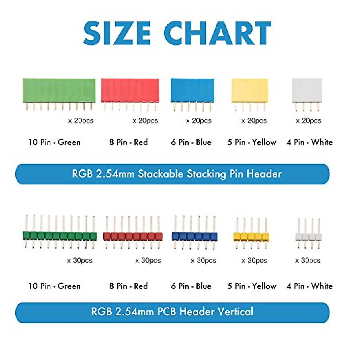 CQRobot 2.54 mm Pitch 4-Pin / 5-Pin / 6-Pin / 8-Pin / 10-Pin Colorful Stackable Stacking Pin PCB Vertical Header Kit. Application to DIY Prototyping Electronic Projects.