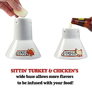 Sittin' Chicken & Turkey Ceramic Beer Can Roaster & Steamer Combo Pack- Easily Infuse flavors Into Your Meat- Wide Ceramic Base for Oven Or Grill Use- Great Meal Prep Accessories for BBQing & Grilling