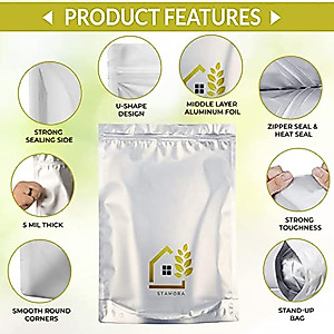 Stamora 1 Gallon Mylar Bags - 25 Pack Resealable Mylar Bags for Food Storage 1 Gallon with Stand Up Design | Extra 5 Mil Thick Mylar Bags with with Transparent Front Side | 10" X 14"