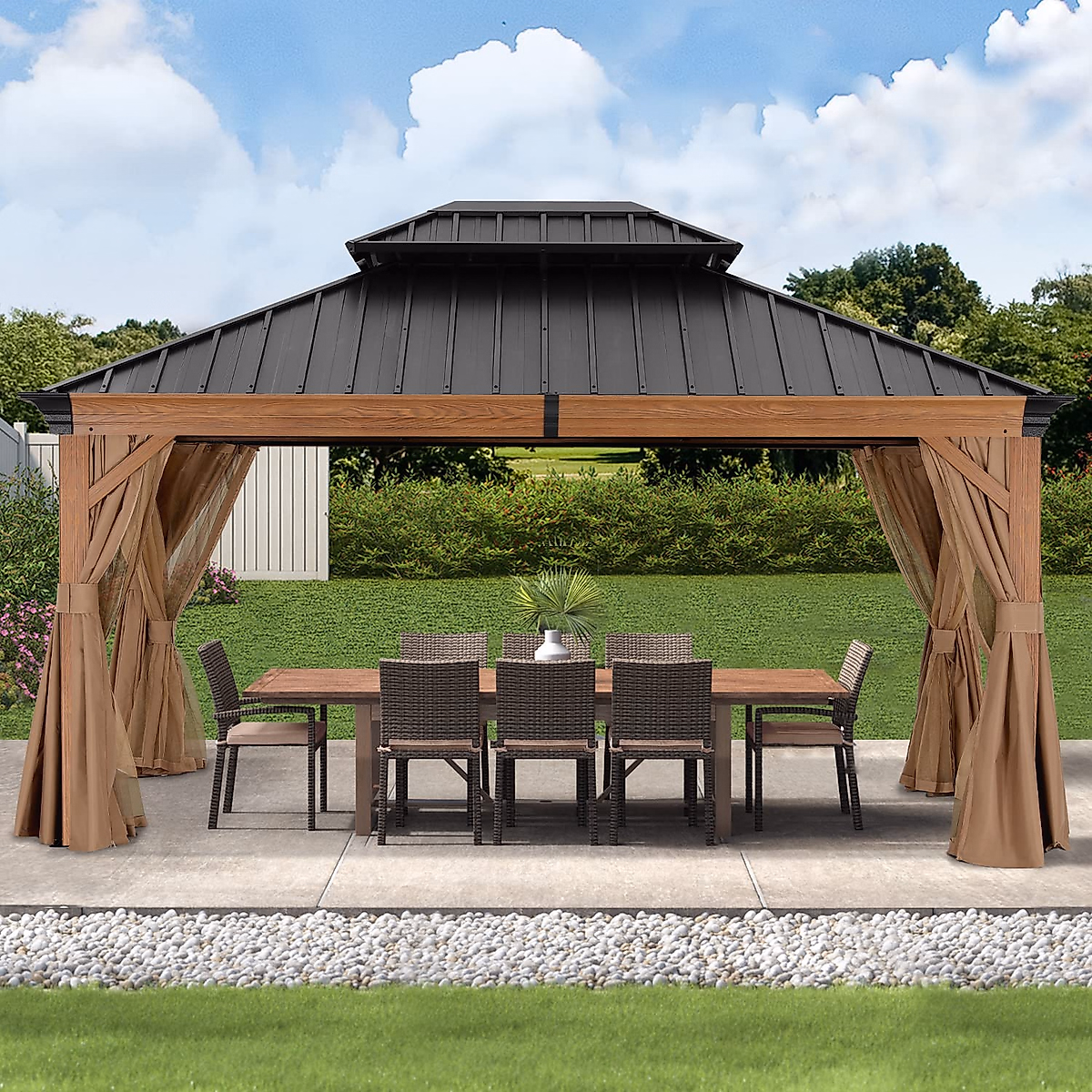 ABCCANOPY Hardtop Gazebo 12x16 - Outdoor Metal Hard Top Gazebo, Permanent Galvanized Steel Aluminum Framed Pavilion with Netting and Curtain for Patio Backyard Lawn Garden (Double Roof, Wood Grain)
