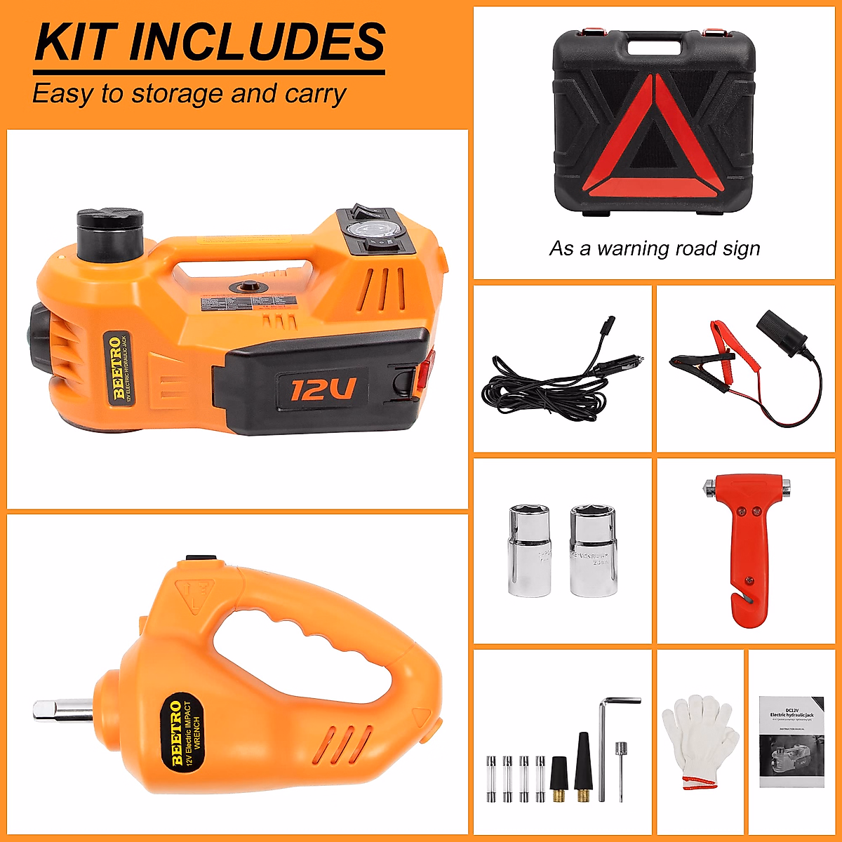 BEETRO Electric Car Jack Kit 5 Ton 12V with Electric Wrench and Tire Inflator Pump for SUV MPV Sedan Change Tires Garage Repair