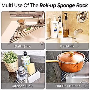 Roll Up Sponge Holder for Counter, Sink Organizer for Kitchen, Bathroom, Laundry Room, 304-Stainless Steel Sink Organizer for Sponge, Brush, Scrubber, Soap Dispenser Holder, Dish Drying Rack(Black)