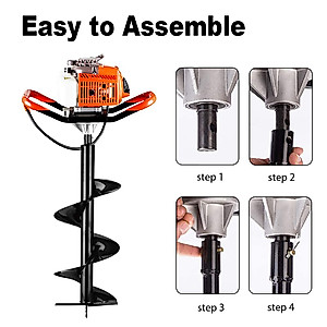 DC House 63CC Heavy Duty Gas Powered Post Hole Digger with 4pcs Earth Auger Drill Bits 4"6"8''12''Bits & Extensions Rods,Multiple Package